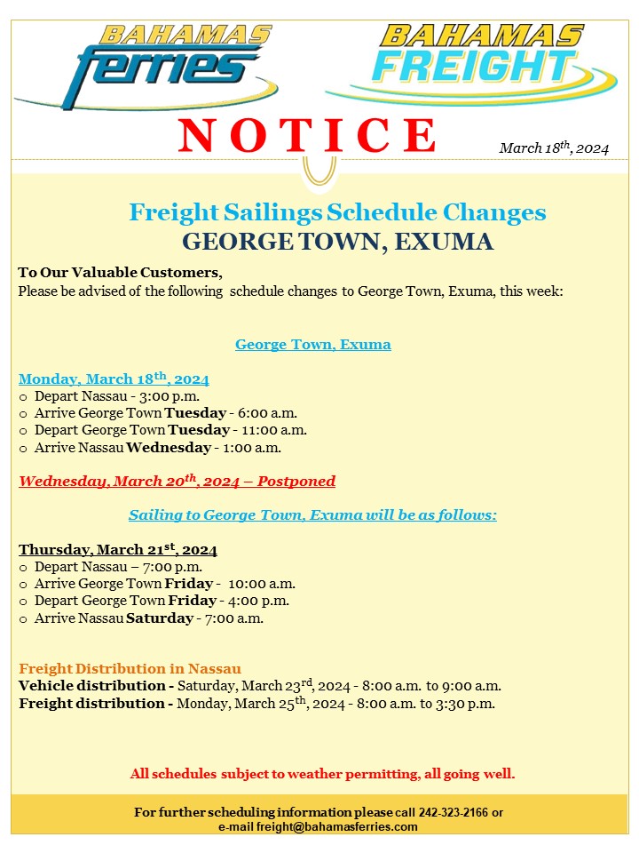 Notice - Schedule Changes - GTE 031824 - Bahamas Freight