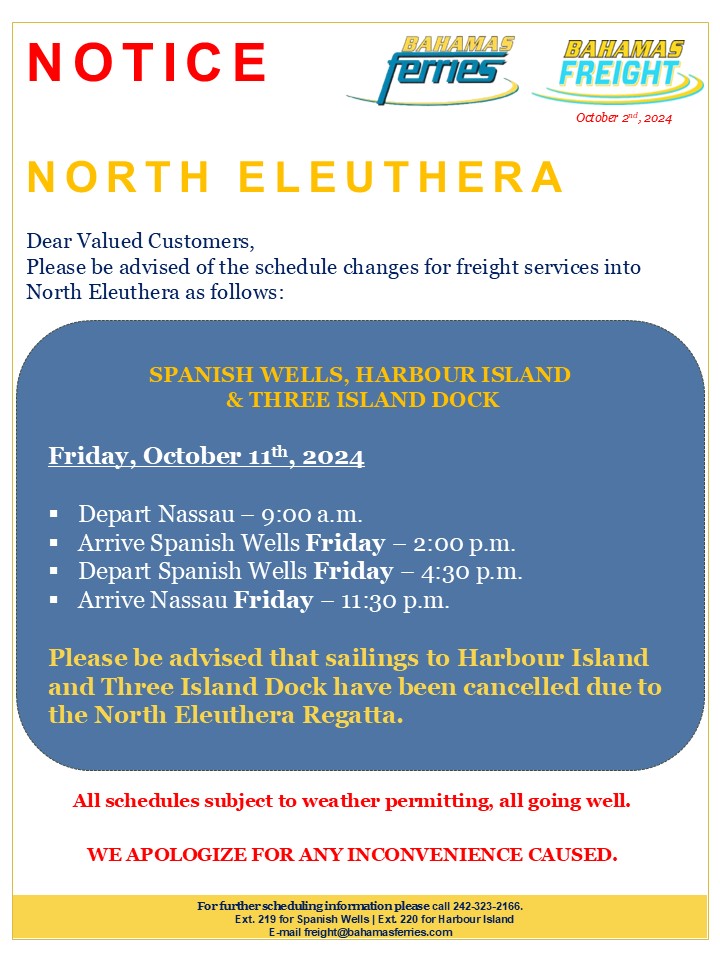 NEL Schedule Change Notice - October 11 24 - Bahamas Freight